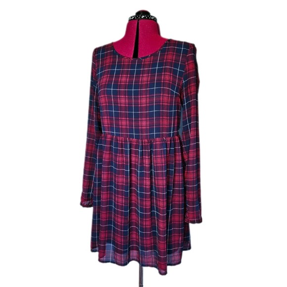 Divided | Dresses | Hm Divided Burgundy Red Navy Blue Plaid Open ...